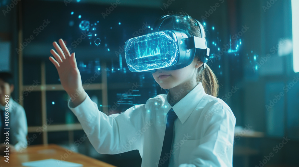A school student wears a VR headset, engaging with AI and machine ...