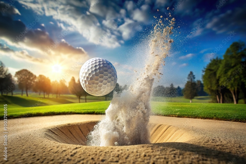 White golf ball in golden sand explosion on bunker background of golf ...