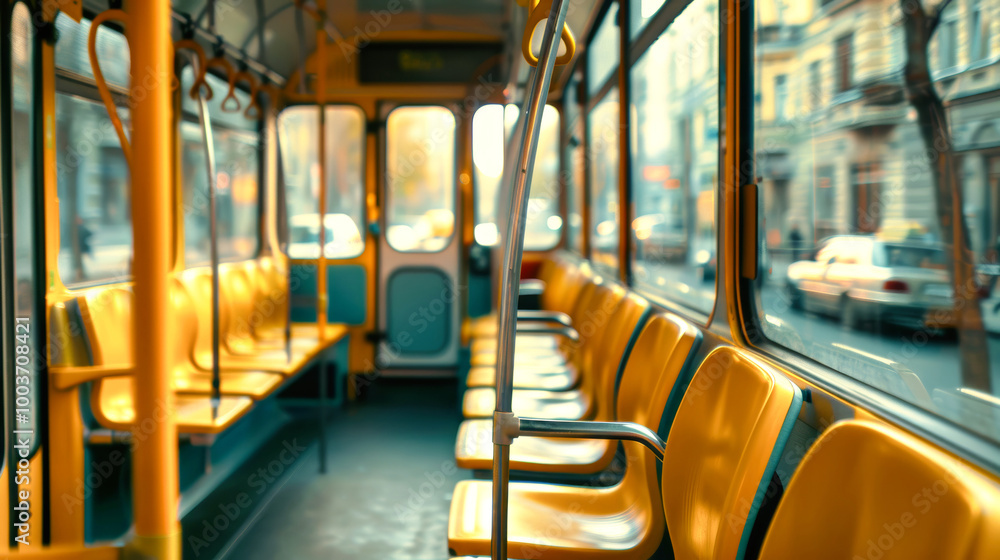 Empty yellow city bus interior with spacious seats and a blurred city ...