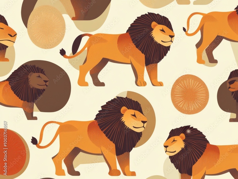 2408 30.A seamless lion pattern in a flat vector style, with lions ...