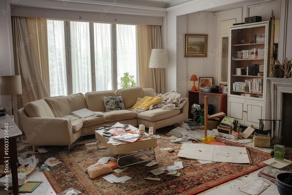 Messy living room interior after burglary. Burglar rummages through ...