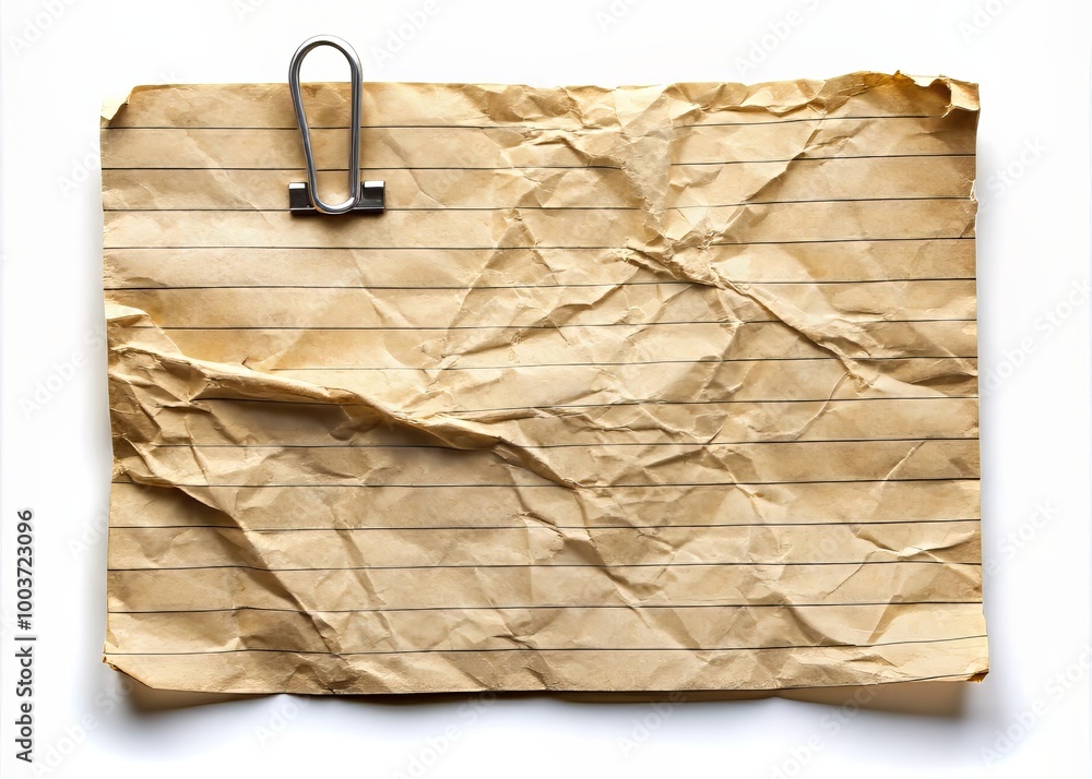 Aged, worn, and crumpled note paper with a metal clip attached ...