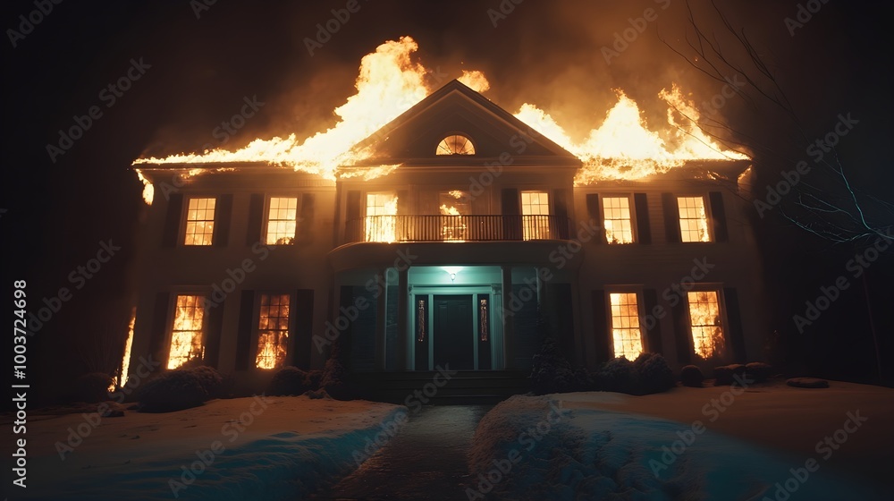 a large two-story house engulfed in flames. The fire is intense, with ...