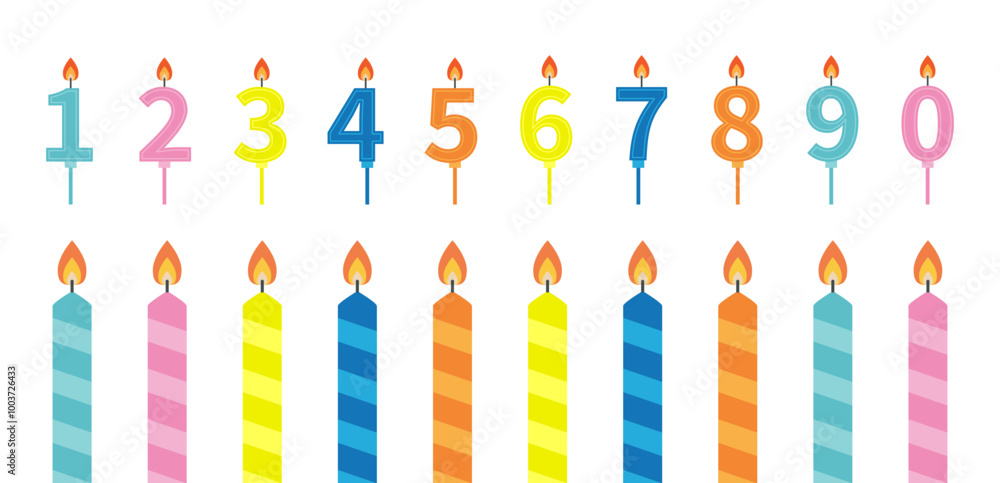 Happy Birthday candle number set. Numbers Striped burning candles with ...