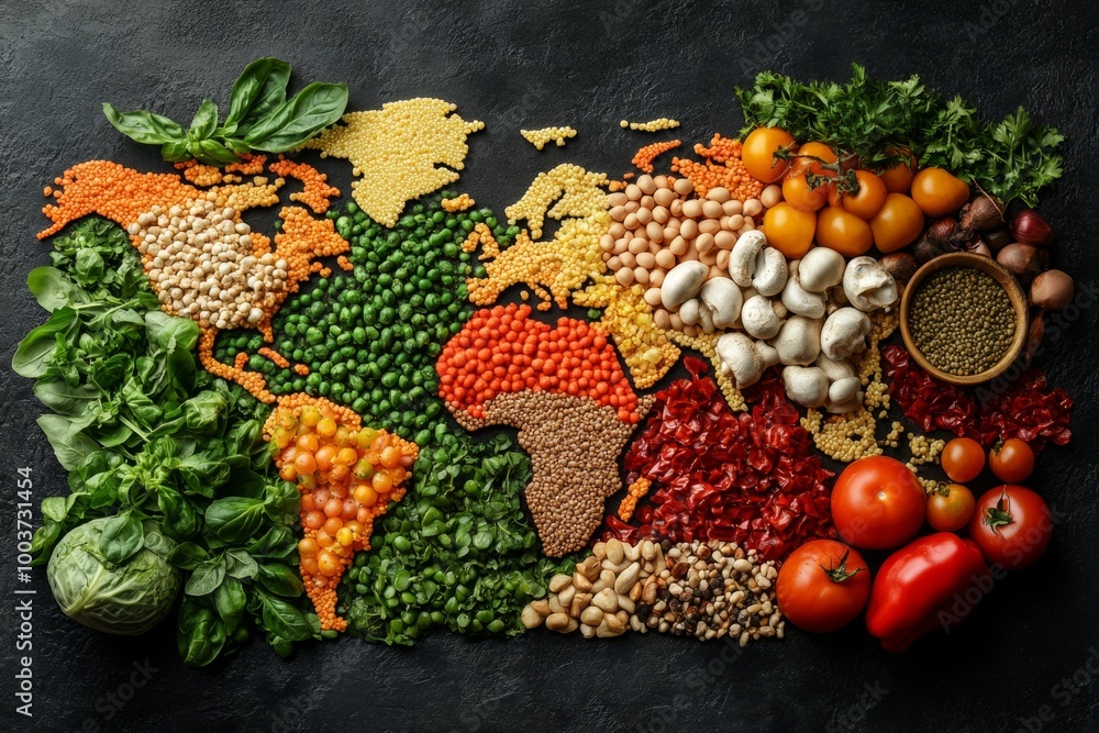 Top view of world map made of food ingredients and vegetables. Diverse ...