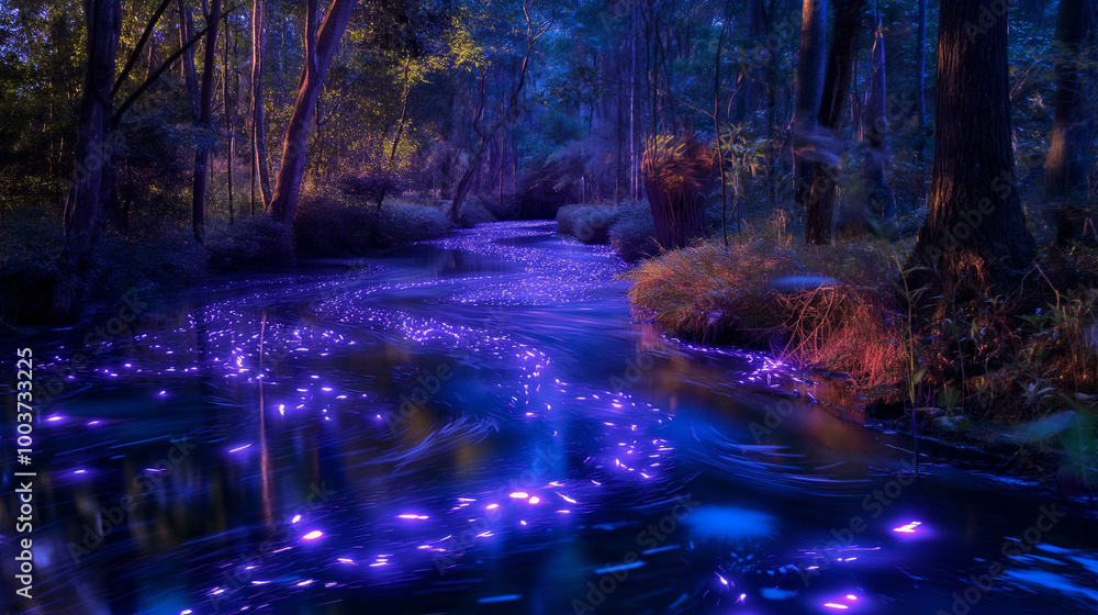 A magical forest of glowing bioluminescent trees with deep blue and purple leaves foto de Stock ...