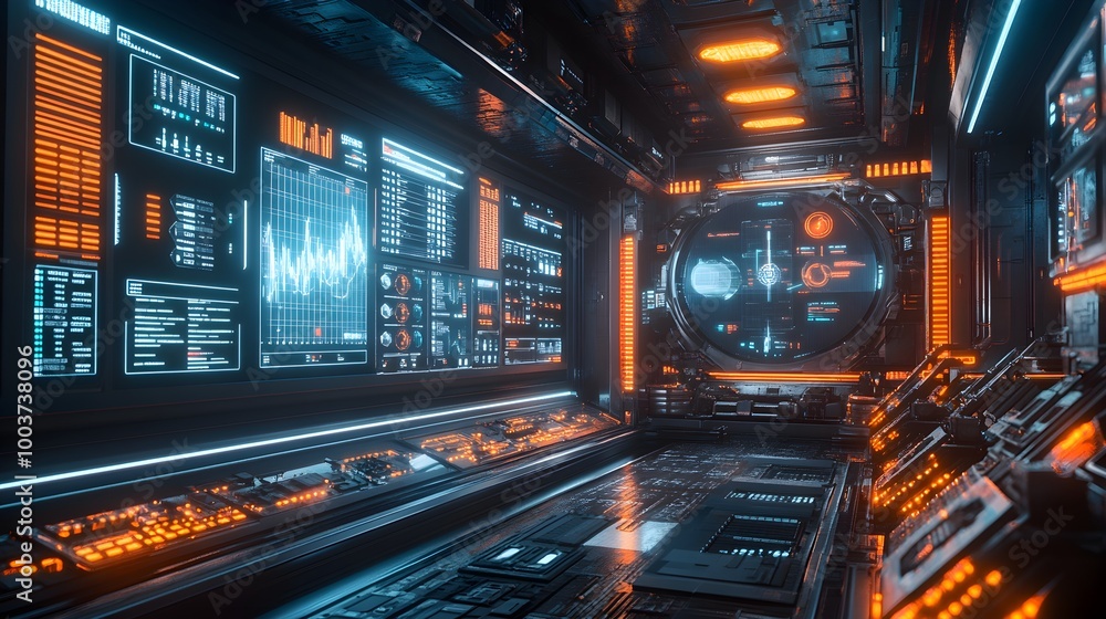 Neon-lit industrial factory with a holographic dashboard of live ...