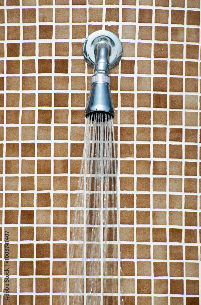 Shower on the beach. Closeup of outdoor shower head. Outdoor pool ...