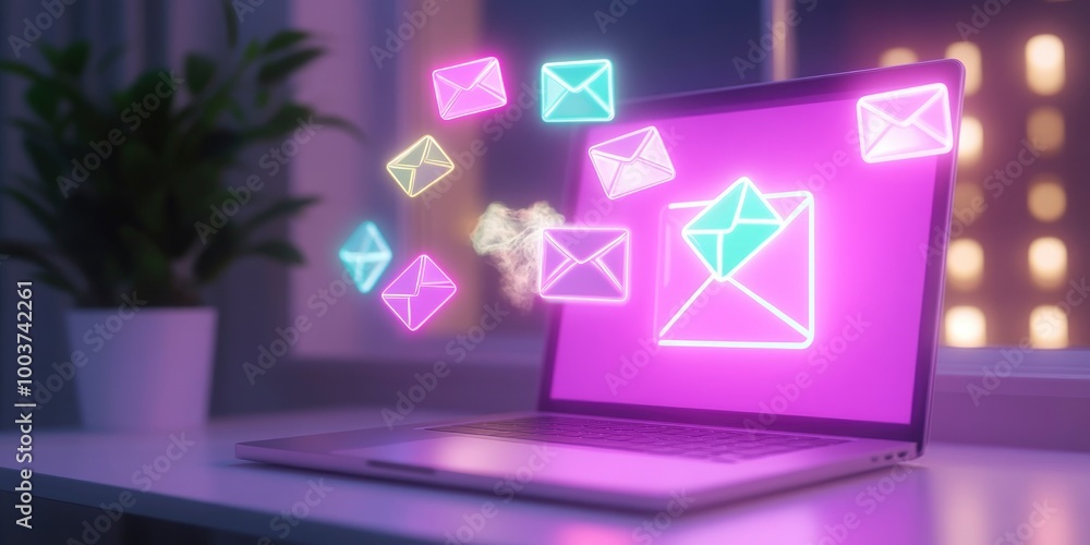 A laptop screen shows a colorful image of many emails flying around ...