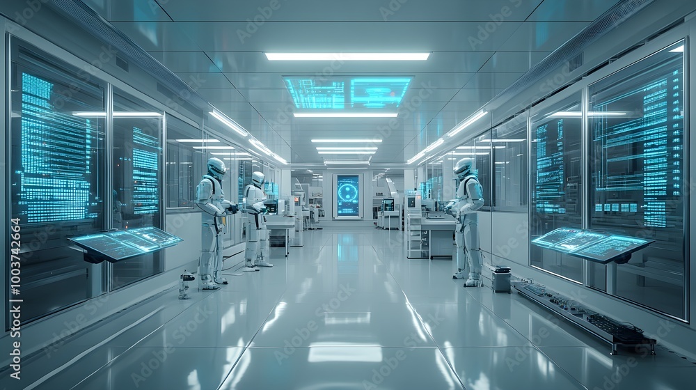 Futuristic product inspection room, autonomous AI robots monitoring ...