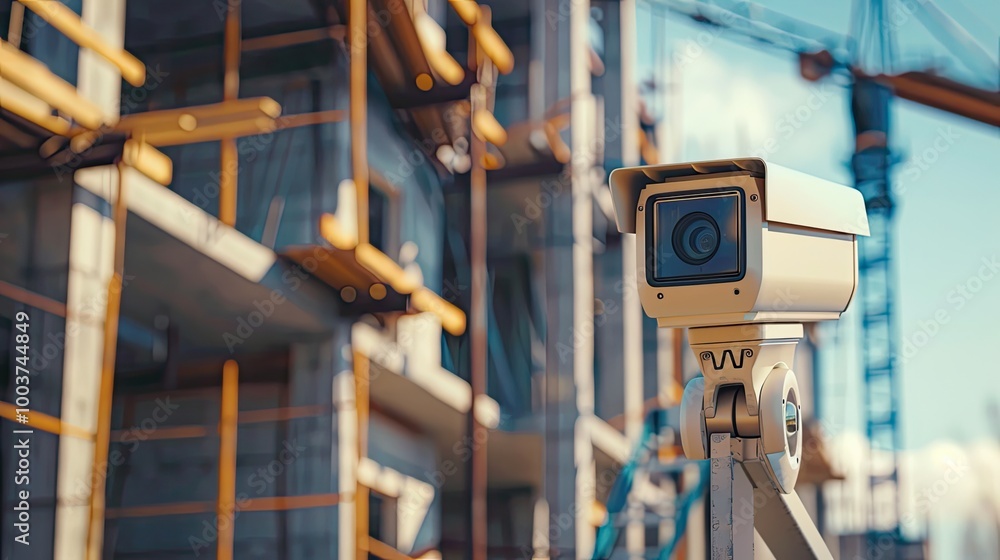 Surveillance camera at construction site CCTV technology Houses under ...