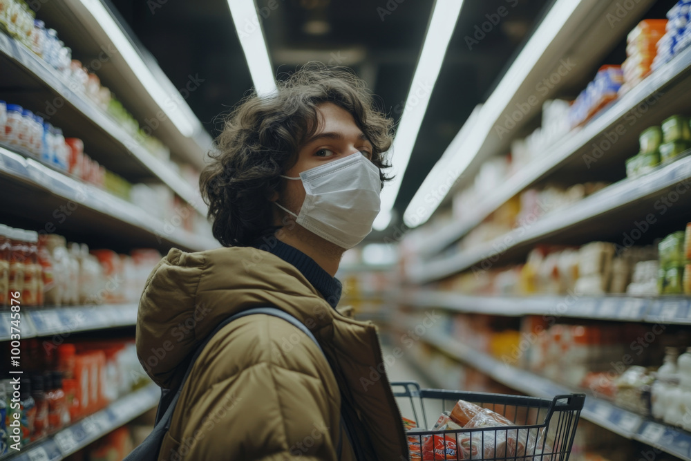 A masked man explores the aisles of a grocery store, carefully ...