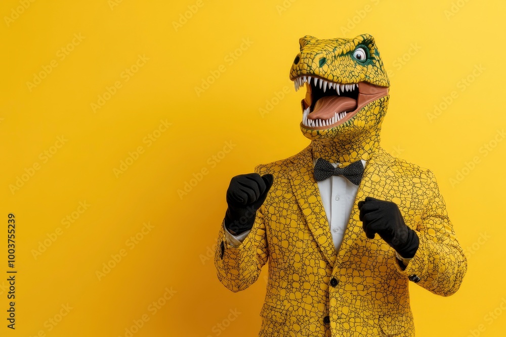 Full-body shot of an anthropomorphic T-Rex wearing a yellow patterned ...