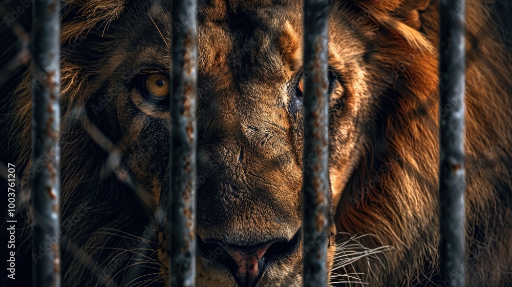 The lion behind bars Close up of a lion The beautiful king of the ...