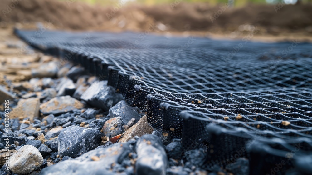 Plastic geogrid for strengthening soil and slopes Material laid in ...