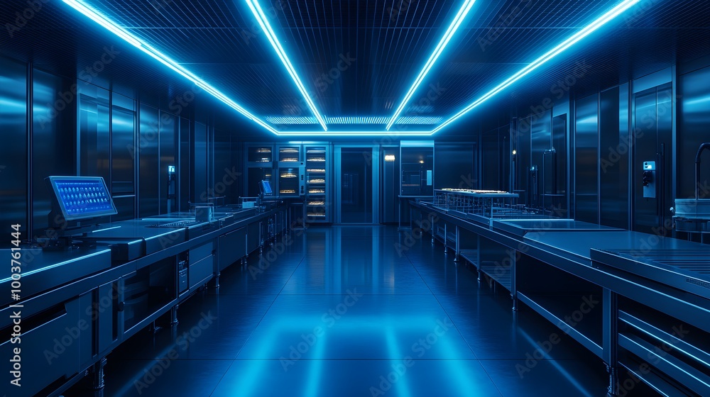 AI-driven quality control station in a food factory, scanning food with ...