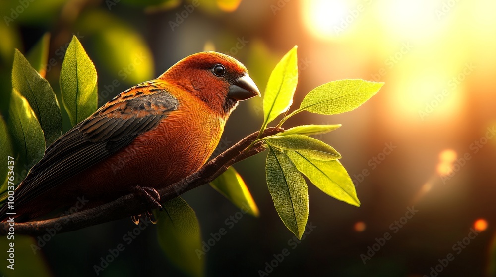 Golden Hour Finch: A vibrant orange finch perches serenely on a branch ...