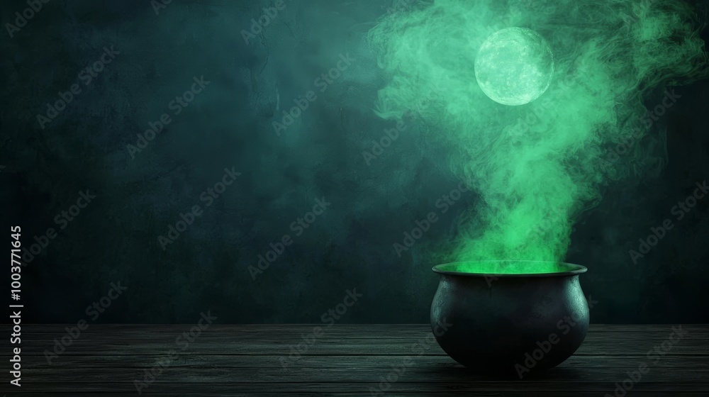 Glowing green potion in a cauldron, tendrils of mist reaching into the ...