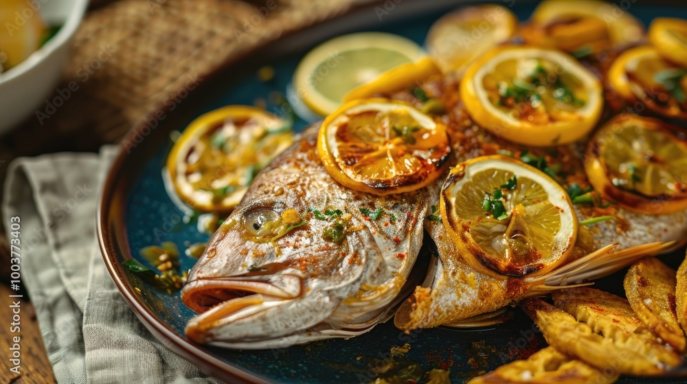 This captivating photograph showcases a plate with fish topped with ...