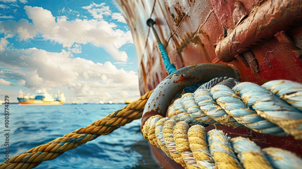 Mooring rope in line bundle of winch holding strain the ship attract ...