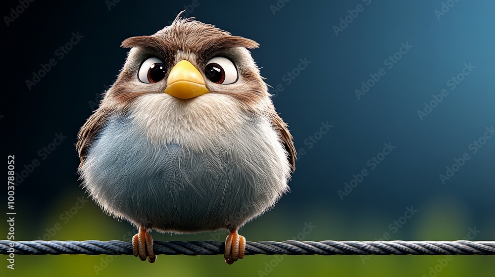 Grumpy Bird on a Wire: A 3D rendered illustration of a feathery friend ...
