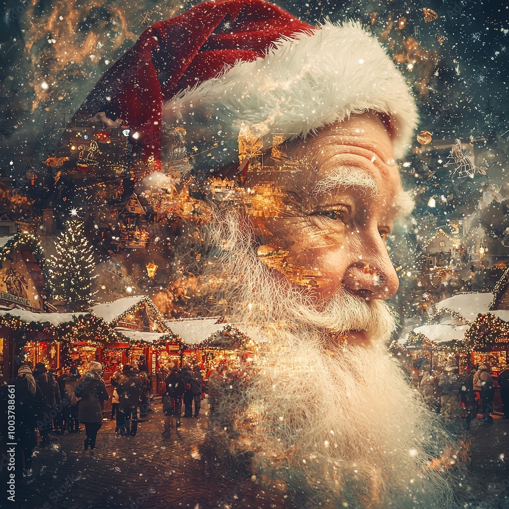 Ethereal double exposure combining the face of Santa Claus with a ...