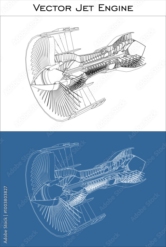 vector Jet Engine technical drawing blueprints. plane mahchine isolated ...