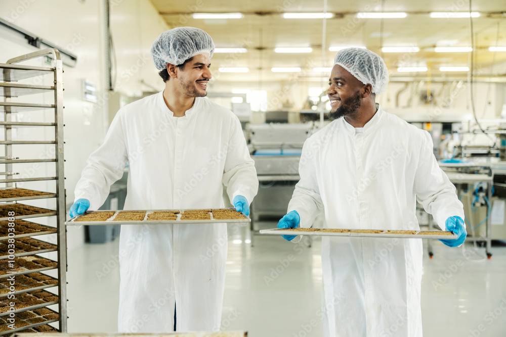 Two multicultural smiling food factory workers in sterile uniforms ...