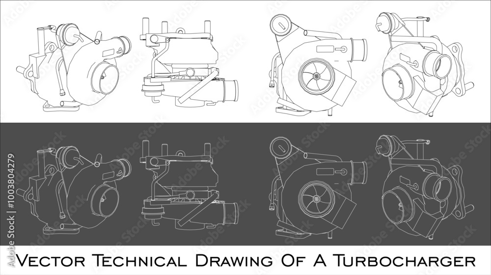 Turbocharger technical line drawing blueprints. vector turbo isolated ...