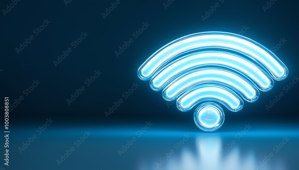 Neon blue Wi-Fi symbol glowing on a dark background, representing ...