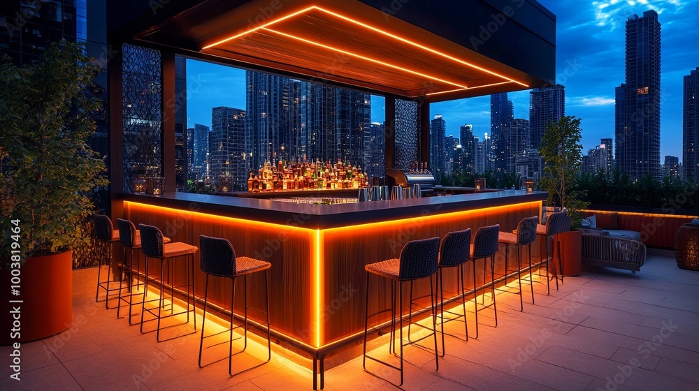 A modern rooftop bar featuring LED strip lights outlining Stock ...