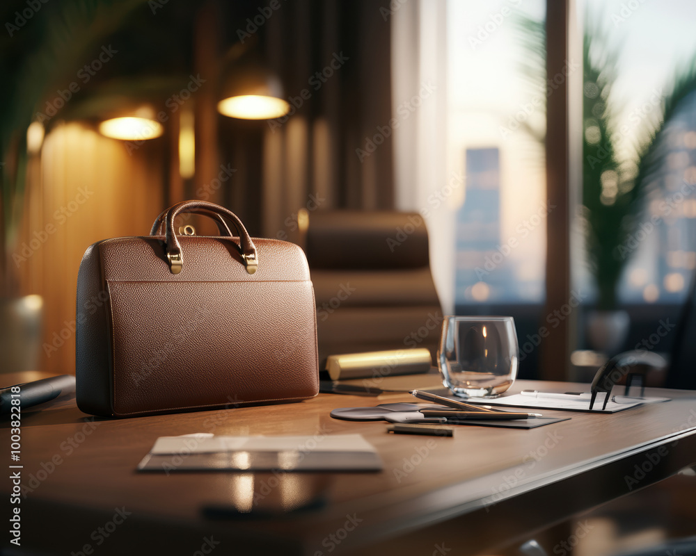 Elegant brown leather briefcase on a modern office desk with a glass of ...