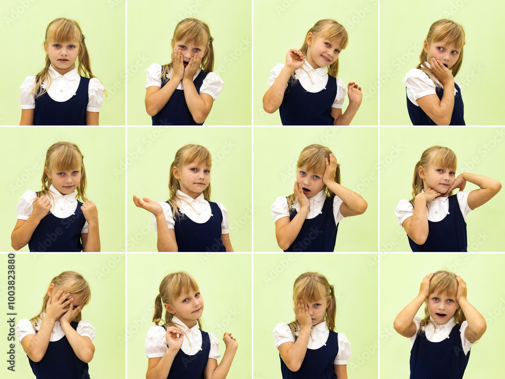 Different facial expressions portraits, blonde child girl 7 year old in ...
