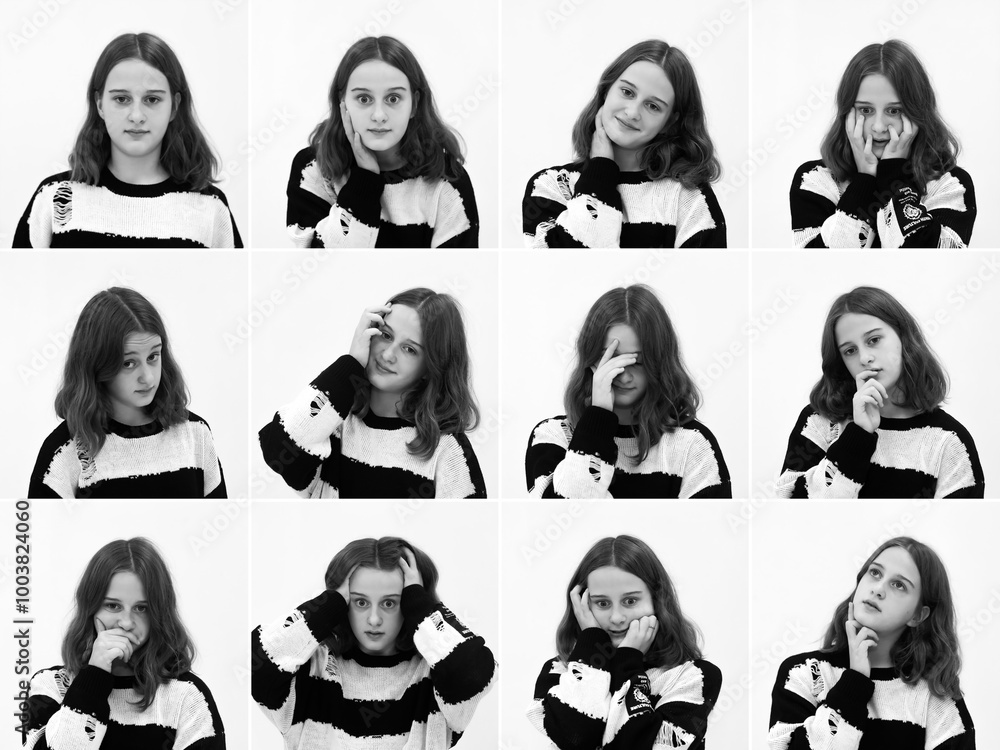 Black white portraits different facial expressions of teen girl 10 year ...