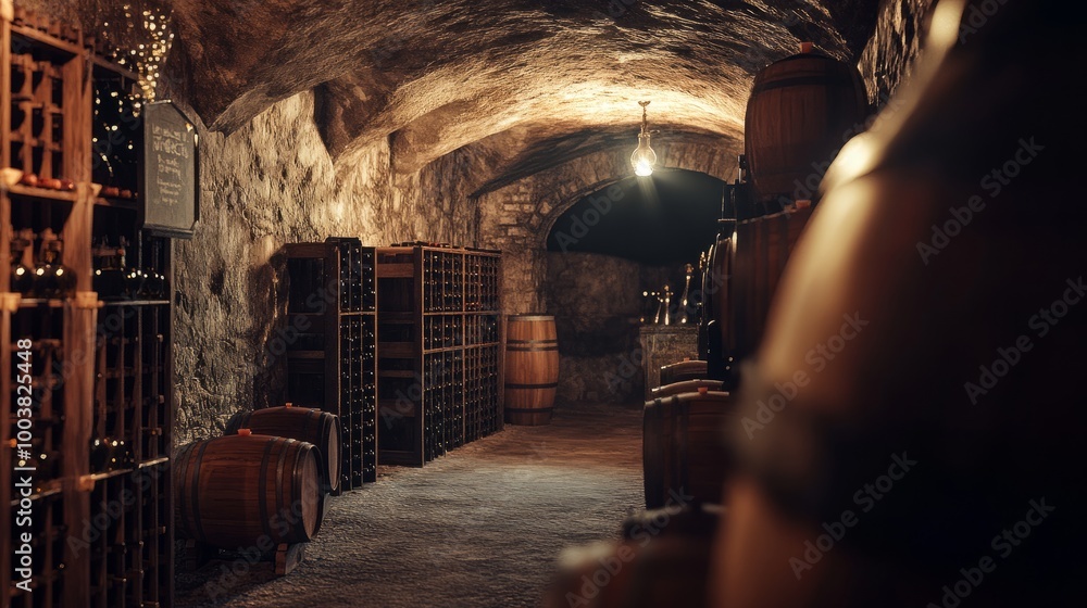 A vintage wine cellar filled with dusty bottles and wooden barrels ...