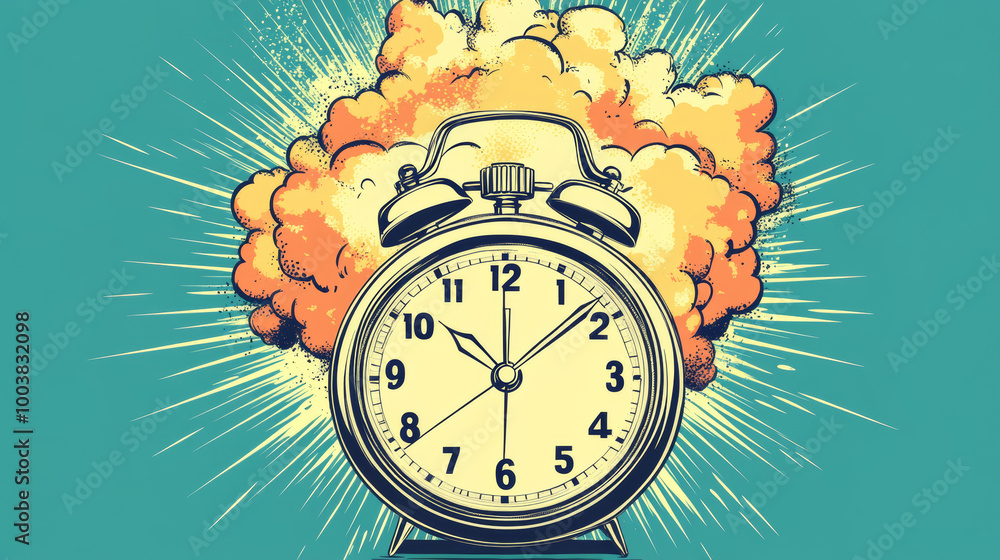 A cartoon-style stopwatch with a nuclear explosion behind it.The clock ...