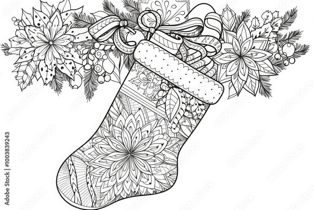 Christmas stocking with floral decoration in zentangle doodle style, a ...