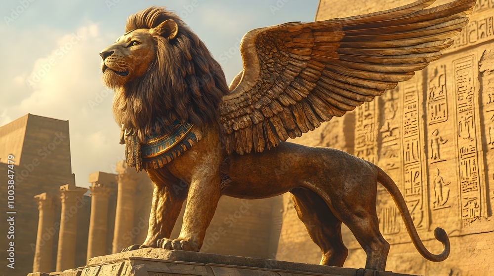 Golden-winged lion standing proud, with detailed Babylonian carvings ...
