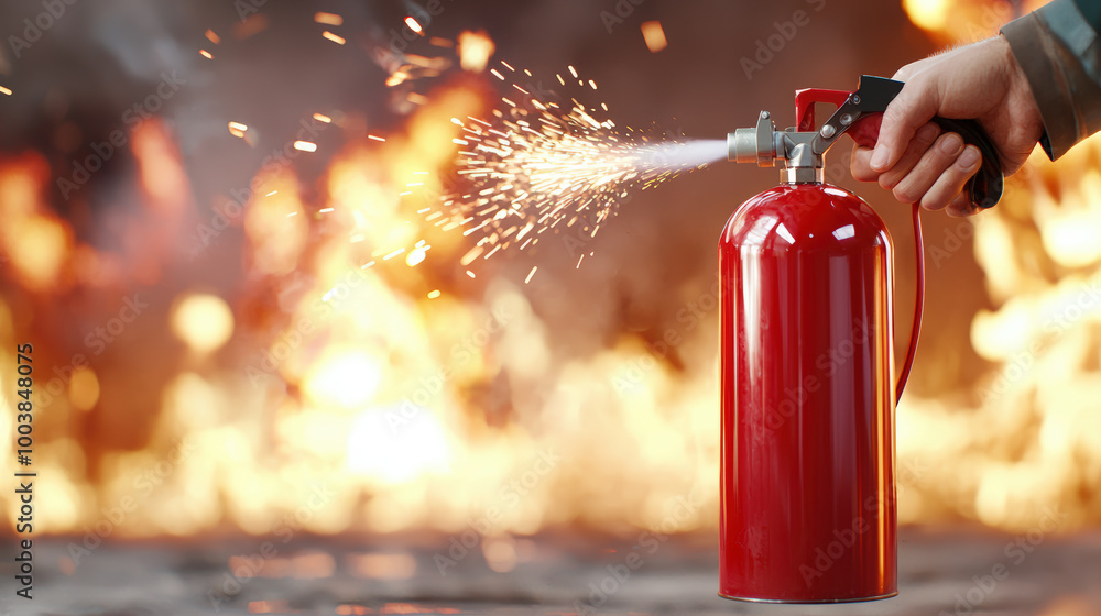 Foto de firefighter uses red fire extinguisher to combat flames ...