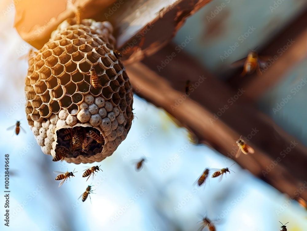 Wasp Nest Hanging from Eaves of House with Swarm of Wasps Flying Around ...