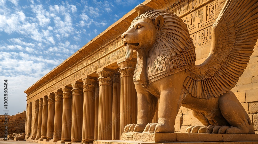 Stone-carved winged lion, the symbol of Babylon, overlooking the ...