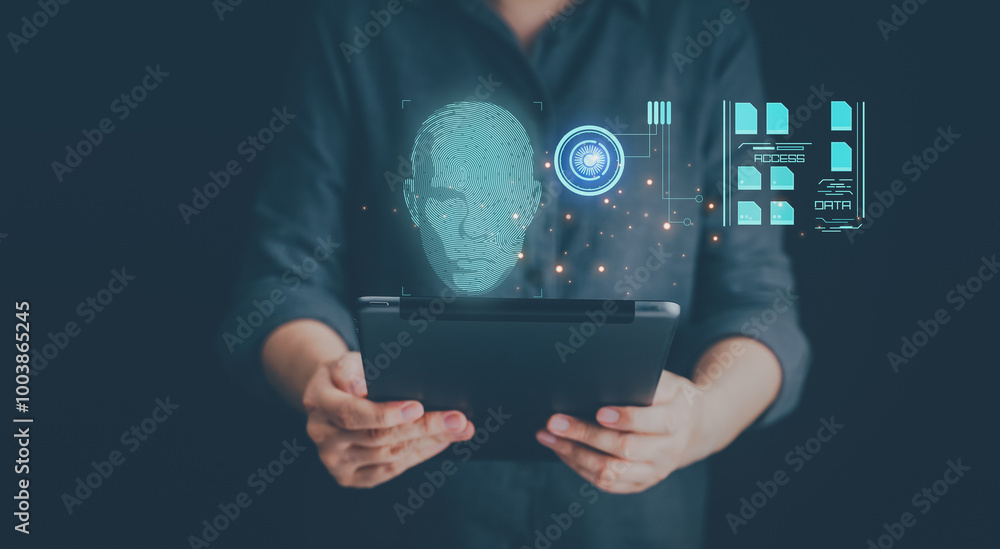 Concept of face detection reconition, biometric identification login ...