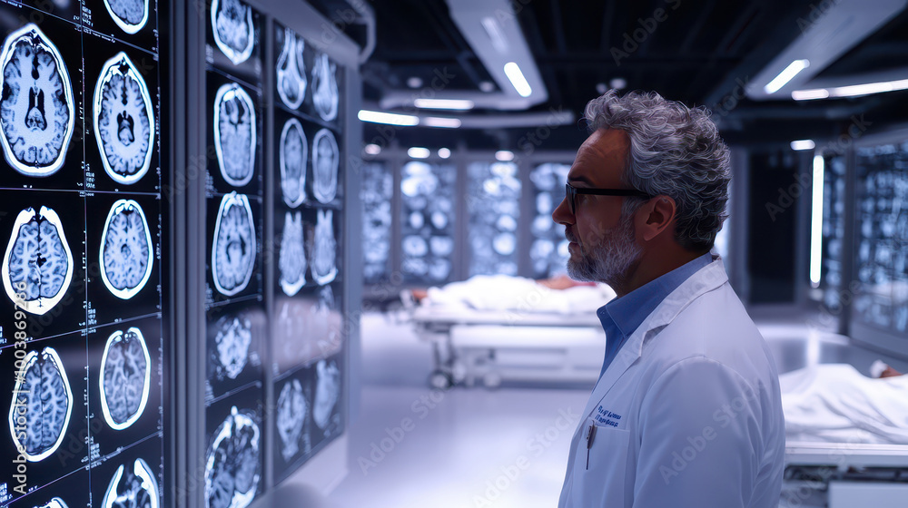 neoro sergion doctor standing int he x-ray room looking at the human ...