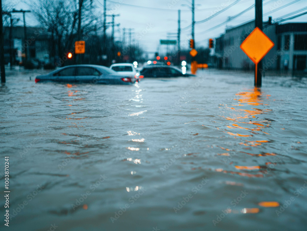 Floodwaters engulf a city intersection, submerging cars as traffic ...