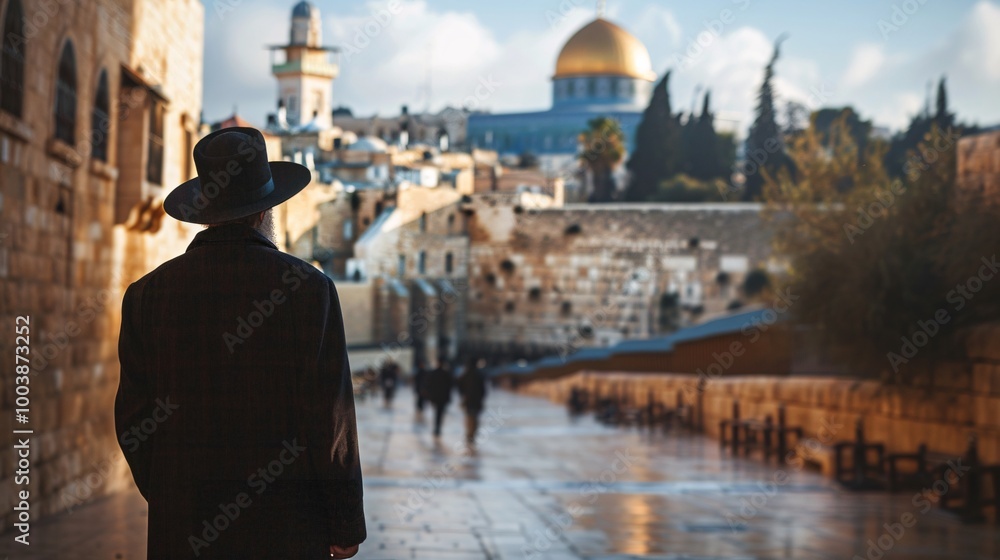 Jewish man in elegant black coat and traditional hat, deep in prayer in ...
