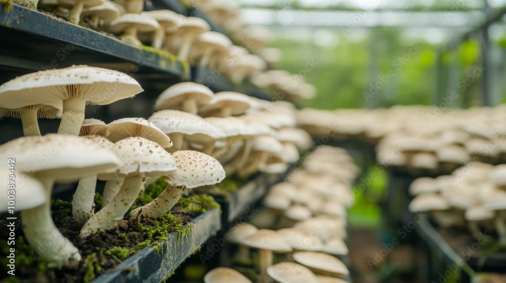 An atmospheric image of a mushroom farm, with rows of white button ...