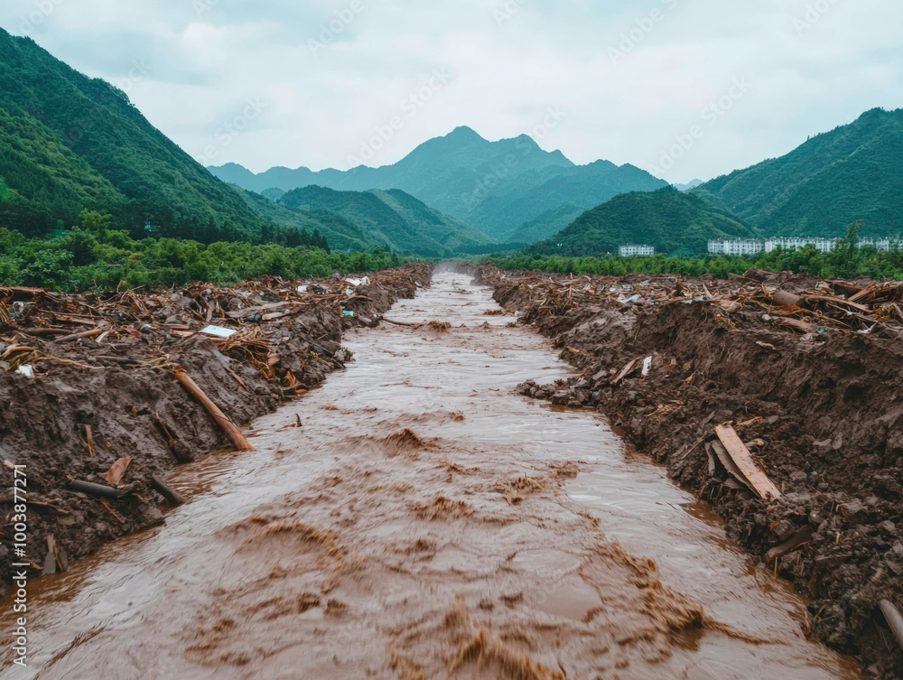 A violent mudflow surges down a mountainside, leaving a trail of debris ...