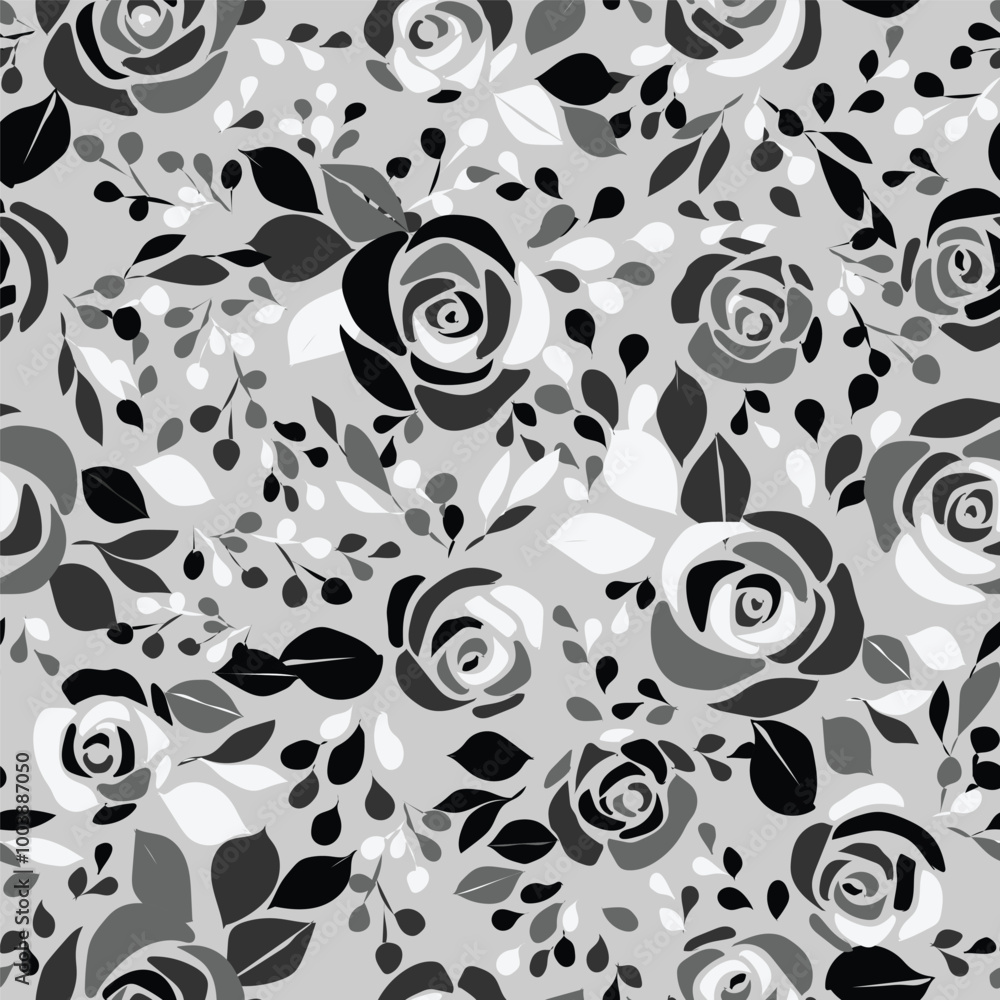 Vetor de Seamless pattern with beautiful vintage rose and decorative leaf silhouette. Black and ...