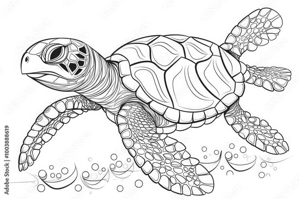 Detailed line art of a sea turtle swimming in the ocean, creating a ...