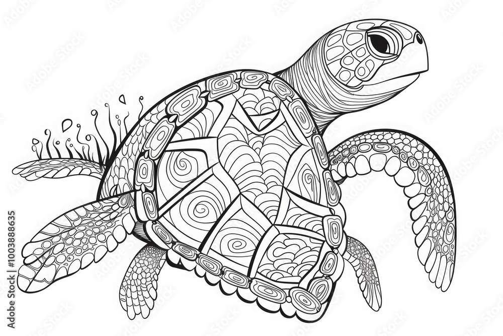 Detailed line art of a sea turtle swimming in the ocean, creating a ...